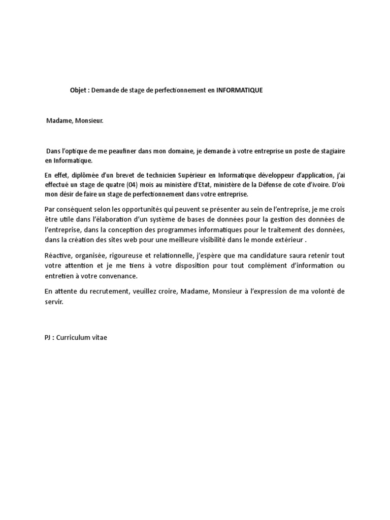 Objet: Demande de Stage de Perfectionnement en INFORMATIQUE | PDF