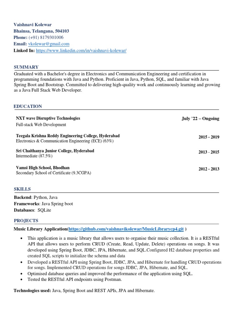 Vaishnavi Kolewar - Resume | PDF | Spring Framework | Databases