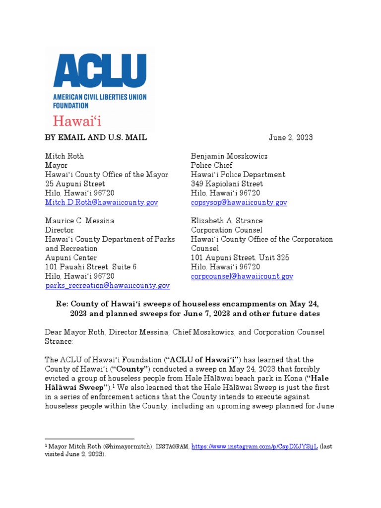 ACLU Letter To Hawaii County Mayor Mitch Roth Regarding Kona Houseless ...