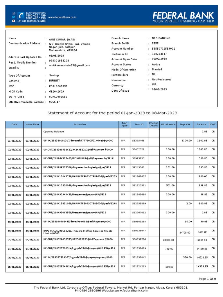Federal Bank Statement Overview | PDF | Payments | Cheque