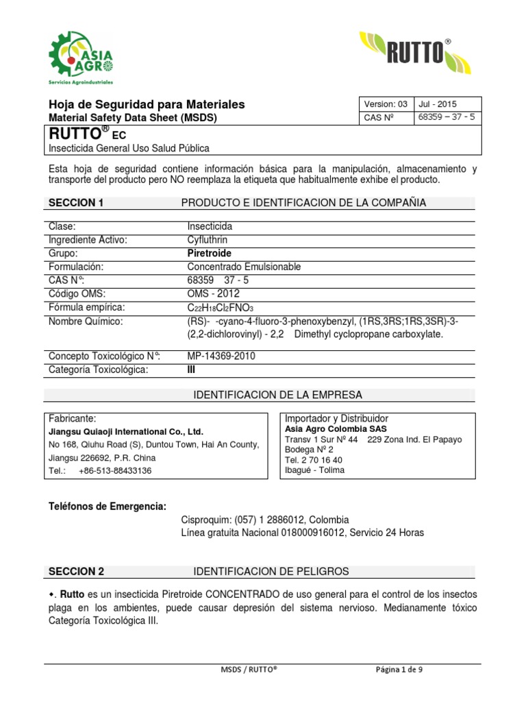 Hoja de Seguridad Rutto | PDF | Agua | Solvente