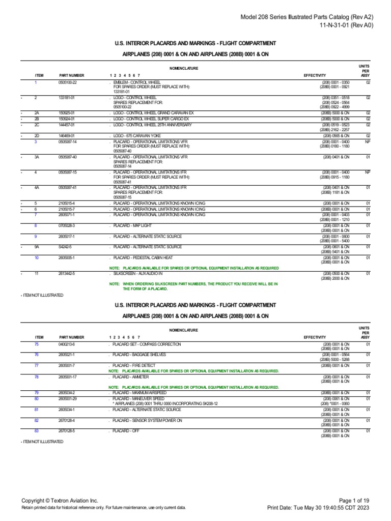 U.S. Interior Placards and Markings - Flight Compartment AIRPLANES (208 ...