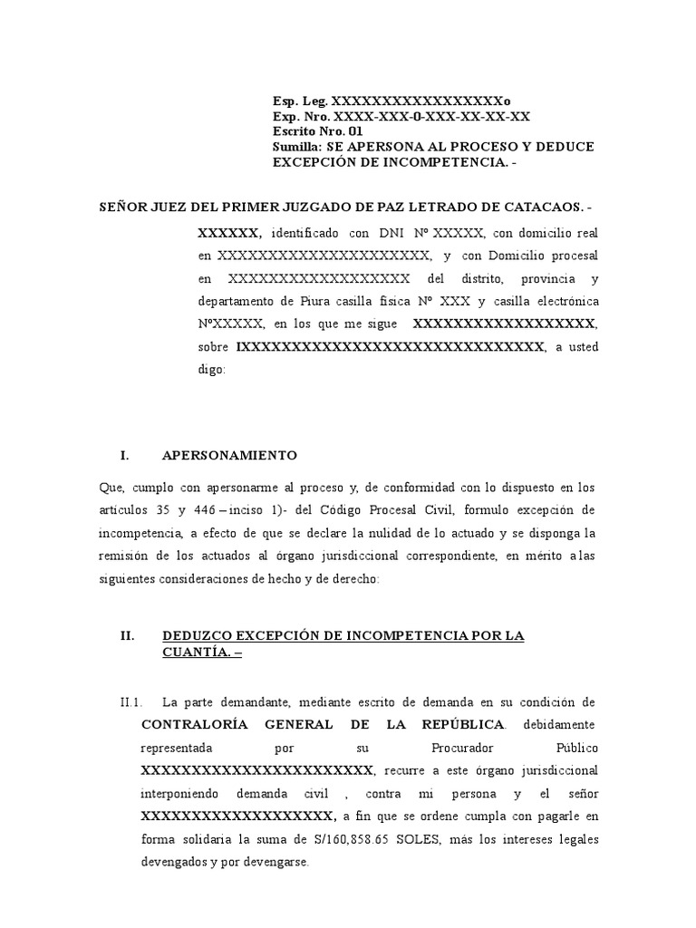 MODELO DE Excepción de Incompetencia | PDF | Ley procesal | Demanda ...