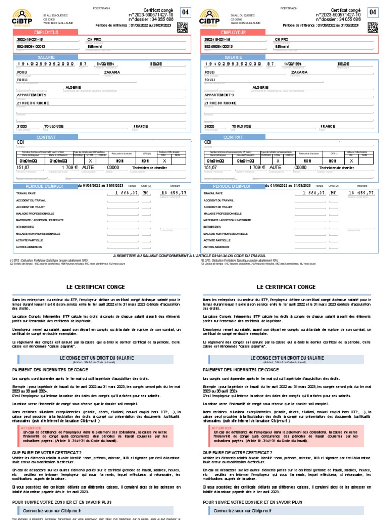 CIBTP Certificat de Congé Espace | PDF