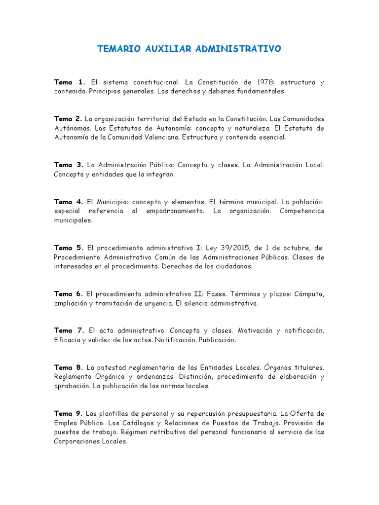 Temario Auxiliar Administrativo | PDF