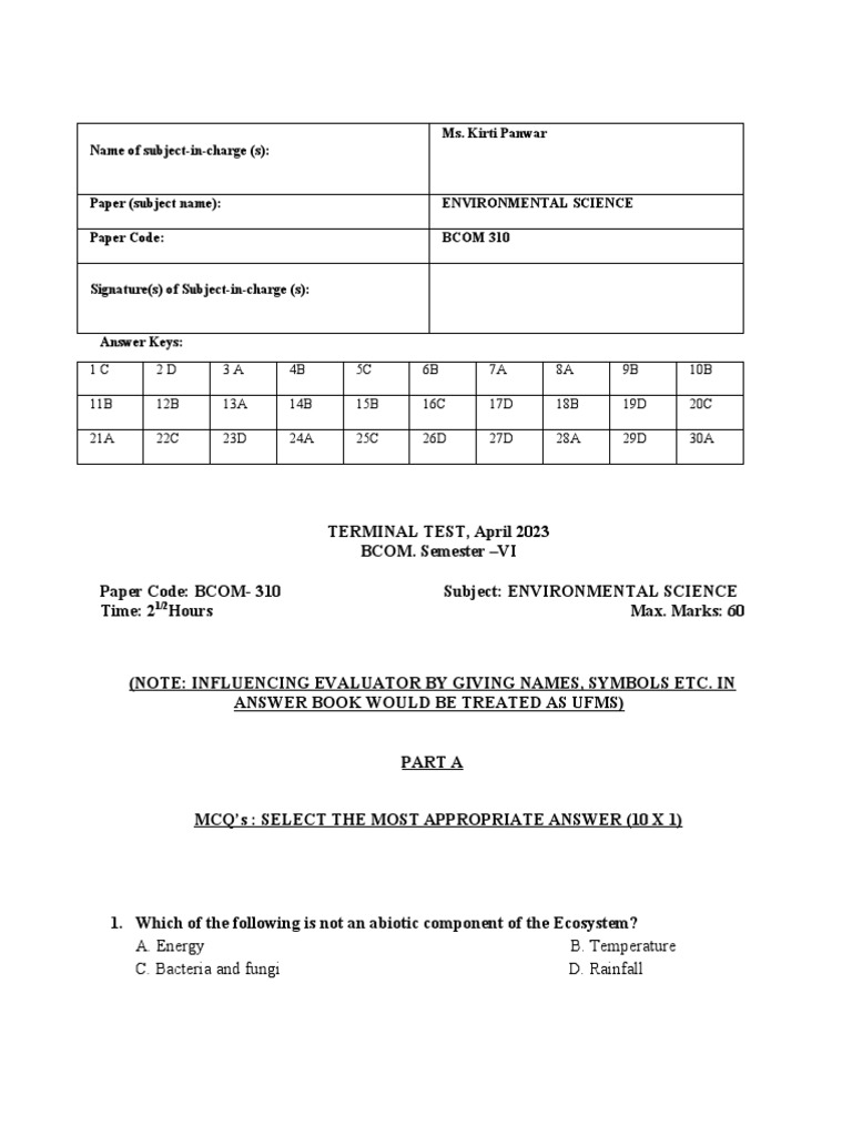 BCOM 310 Environmental Science Exam | PDF | Ecosystem | Sustainability