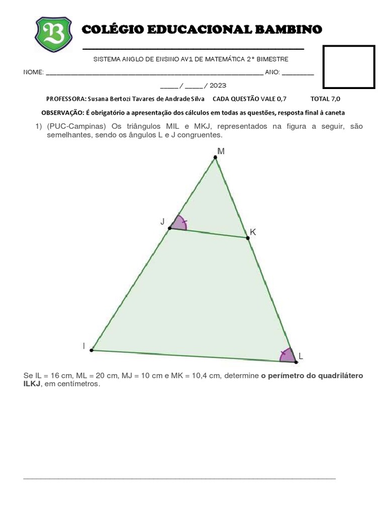 Av1 Matematica 9 Ano 2 Bimestre | PDF