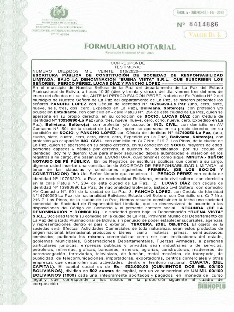 Escritura Publica de Constitucion Buena Vista SRL | PDF