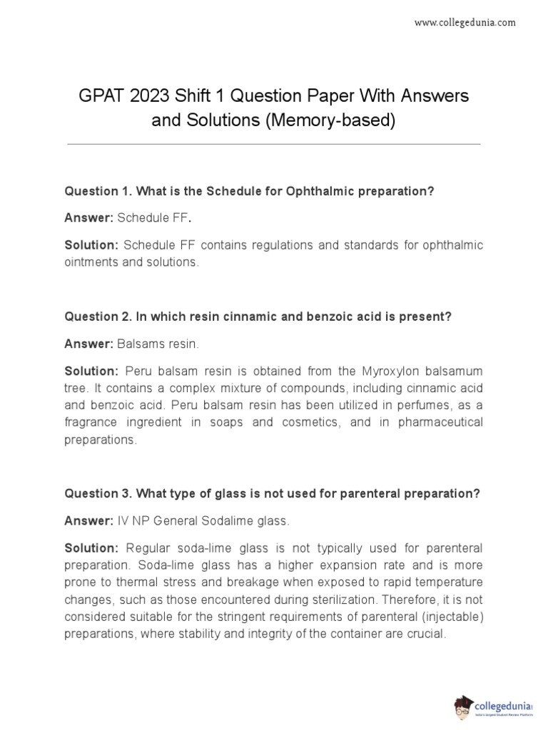 GPAT 2023 Pharmacy Exam Solutions | PDF | Wellness