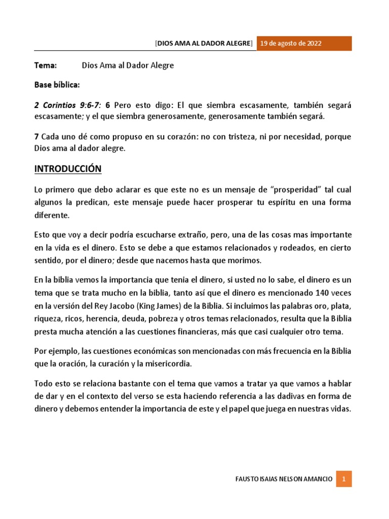 Mensaje - Dios Ama Al Dador Alegre | PDF | Diezmo | Biblia