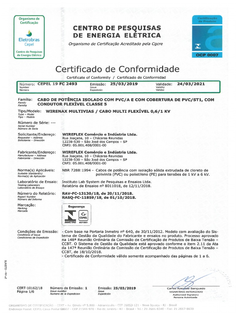 Wireflex Cepel Cabo Nax Flexível Multipolar CL.5 Val Até 24 03 2021 | PDF
