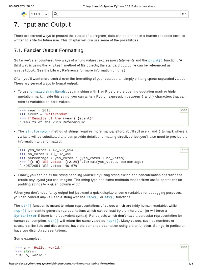 Input and Output - Python 3.11.3 Documentation | PDF | Technology & Engineering