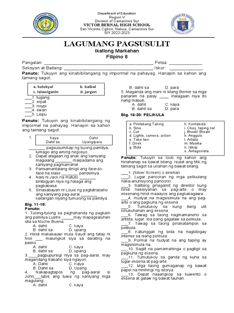 LAGUMANG PAGSUSULIT - Filipino 8-3rd Quarter | PDF