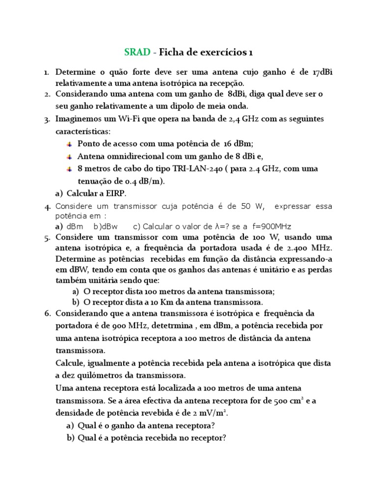 Exercícios de IDT 2 | PDF | Antena (rádio) | Potência (Física)