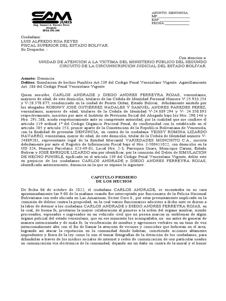 Formato. Denuncia Basica | PDF | Derecho penal | Venezuela