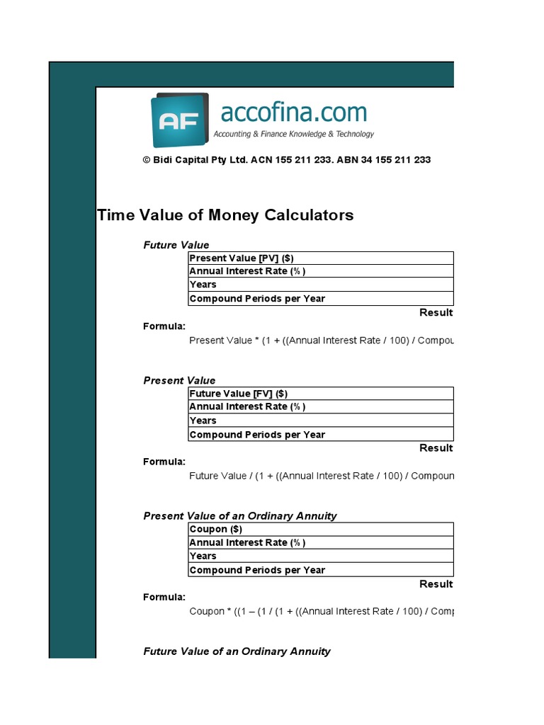 Time Value of Money Calculators - Formulas | PDF