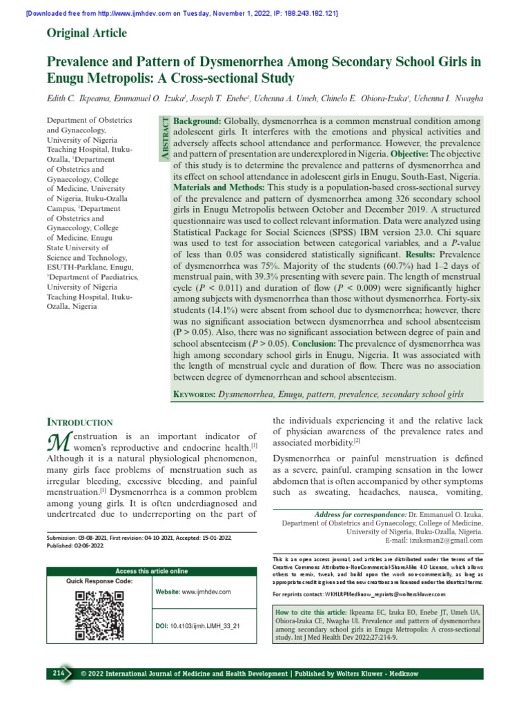 Prevalence And Pattern Of Dysmenorrhea Among Secon Pdf Menstruation