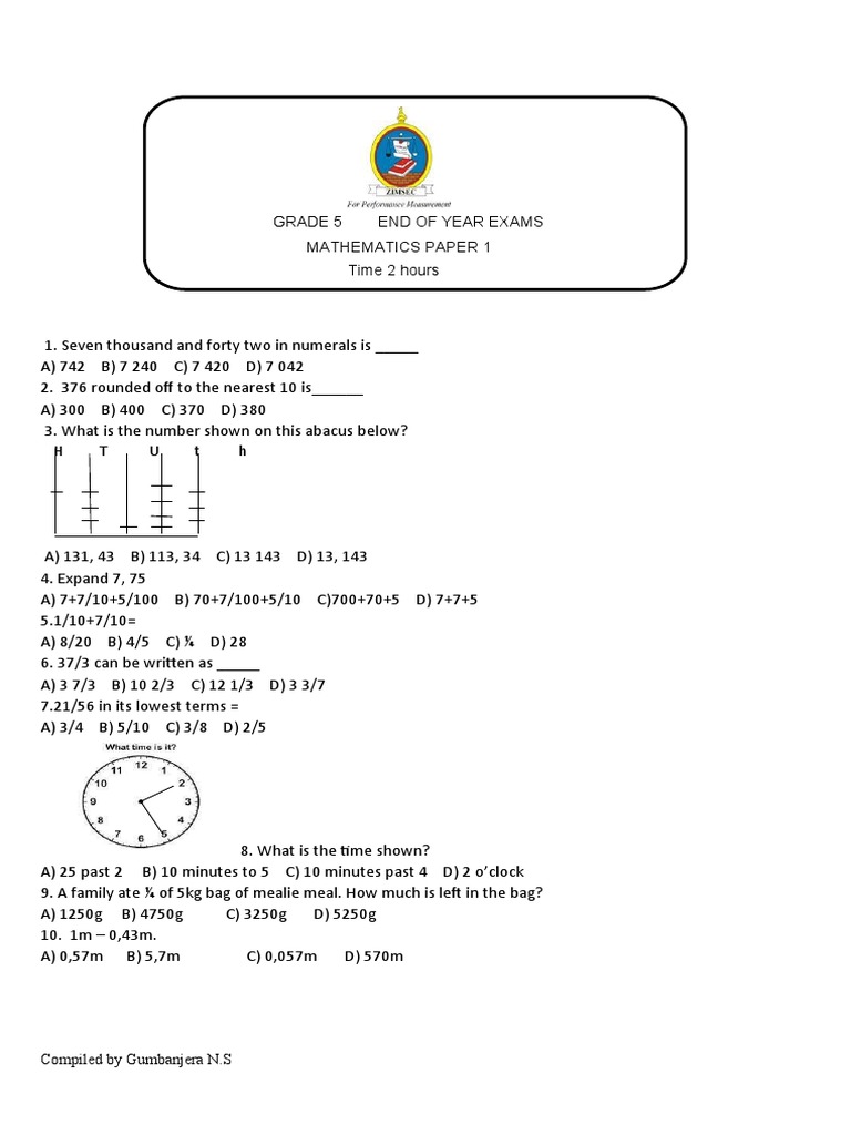 0 - Grade 5 Maths Paper 1 End of Year Exams 2022 | PDF | Area | Mathematics