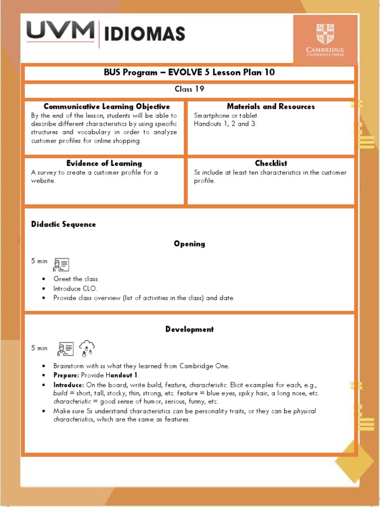 BUS Program Evolve 5 Lesson Plan 10 | PDF | Noun | Word