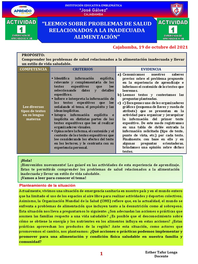 Actividad #1 - Leemos ... Inadec. Aliment. - Exp. 8 | PDF | Alimentos ...