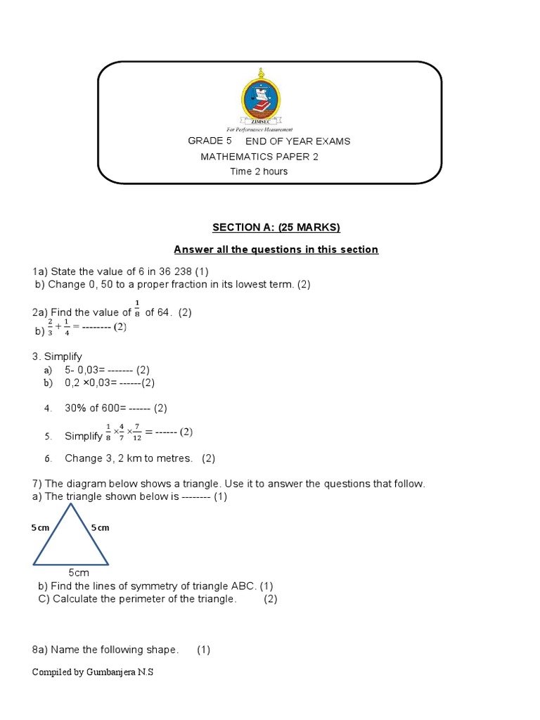 0 - Grade 5 Maths Paper 2 End of Year Exams 2022 | PDF