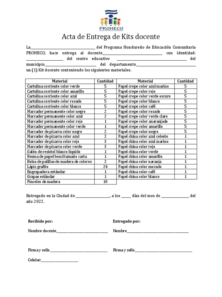 Acta Entrega de Kits | PDF | Color | Papel
