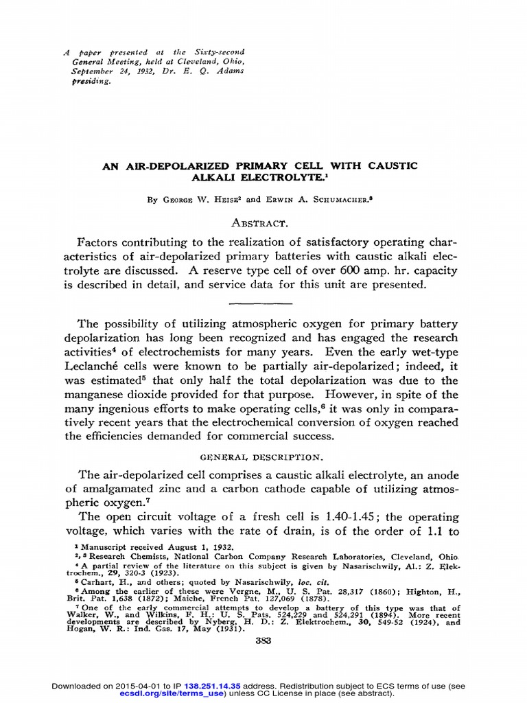 An Air-Depolarized Primary Cell With Caustic Alkali Electrolyte.' | PDF ...