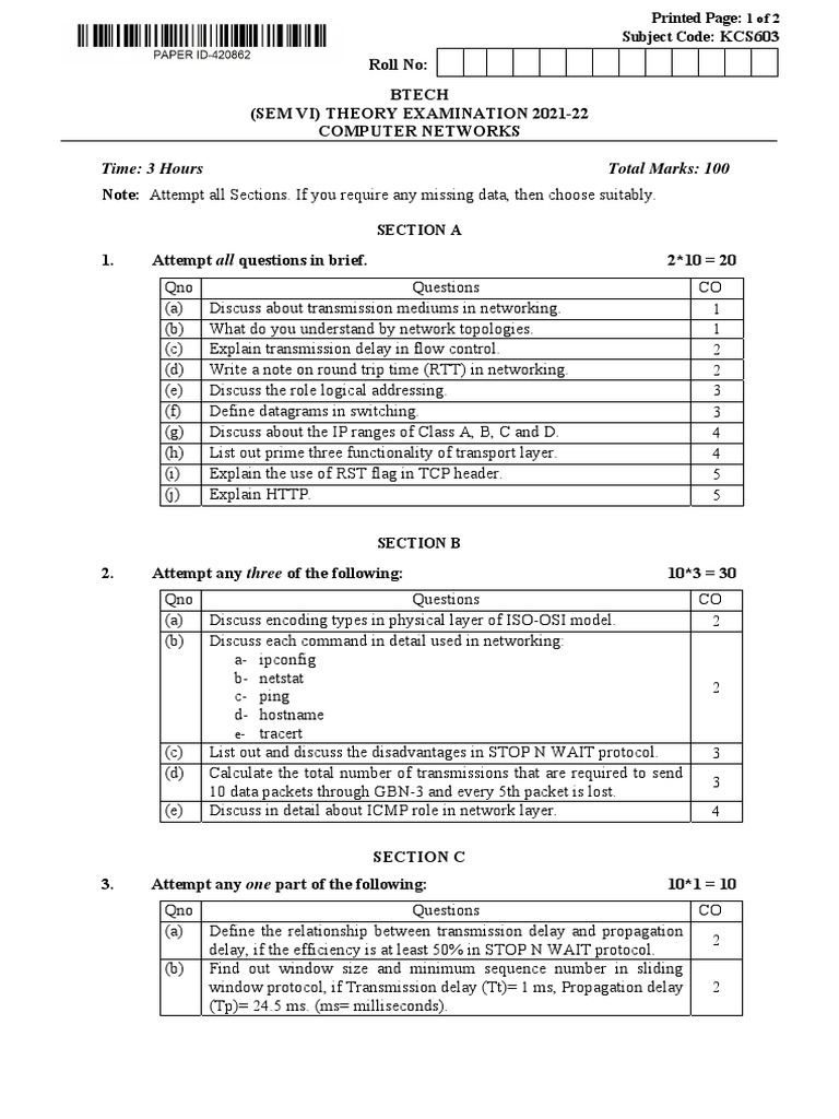 BTECH Computer Networks Exam 2021-22 | PDF