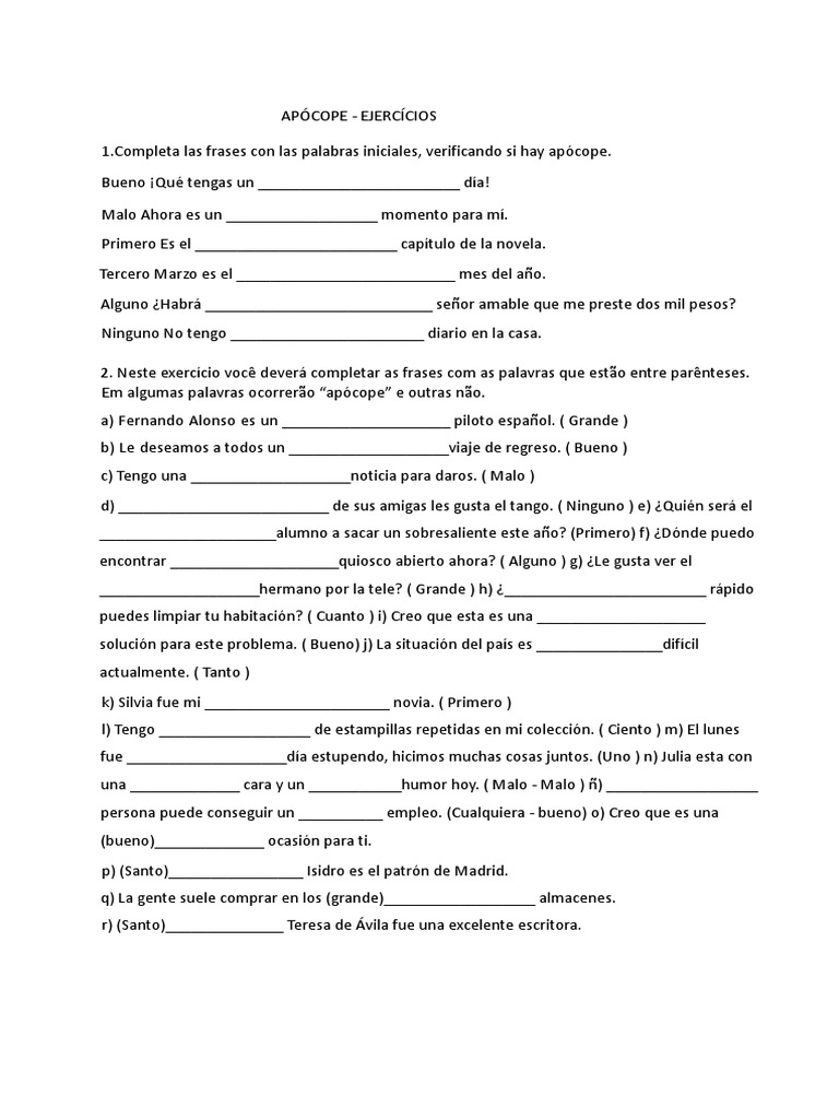 Apócope - Ejercícios | PDF