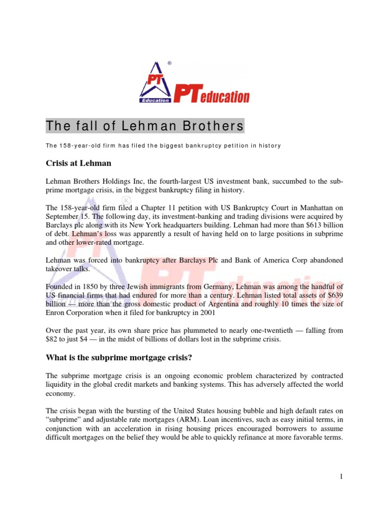 The Fall of Lehman Brothers | PDF | Lehman Brothers | American International Group