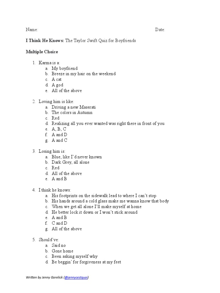 Taylor Swift Trivia Quiz for Fans | PDF | Mystery, Thriller & Crime Fiction