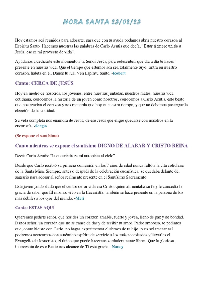 Hora Santa | PDF | eucaristía | María, madre de Jesús