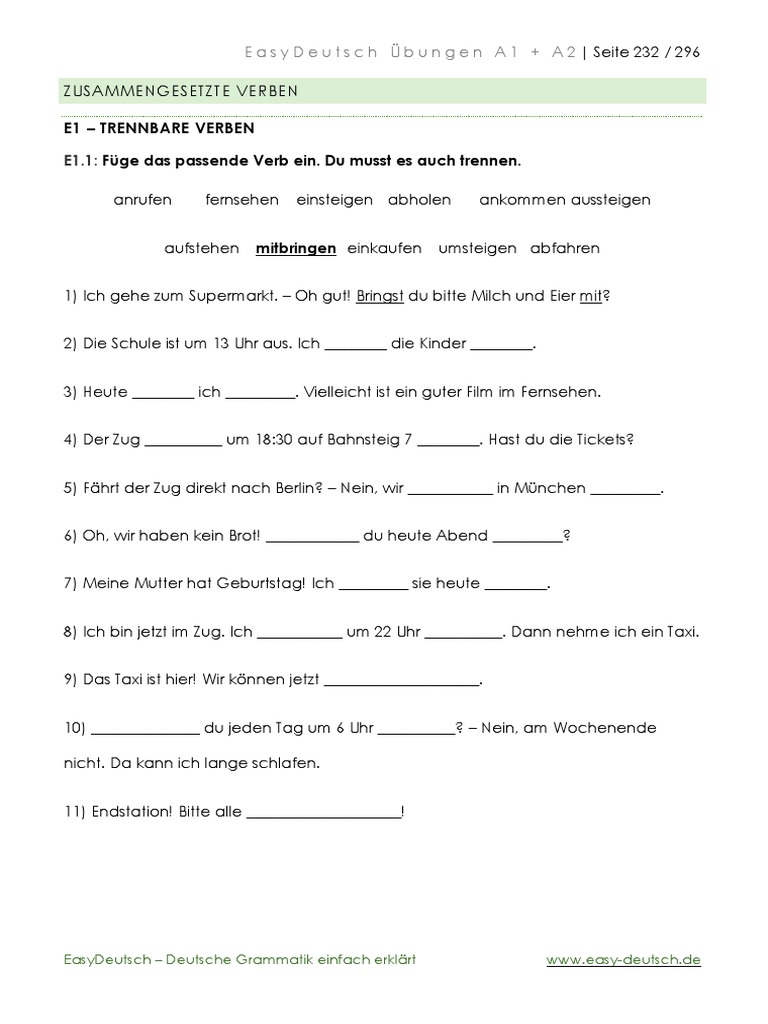 Trennbare Verben - Übungen | PDF