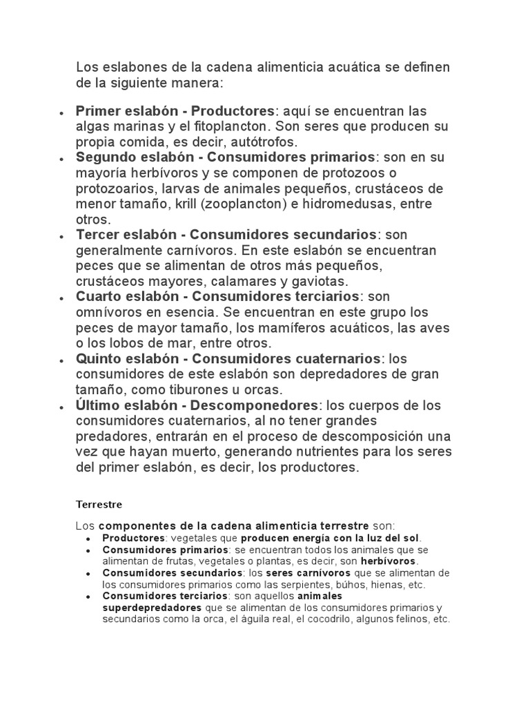 Los Eslabones de La Cadena Alimenticia Acuática Se Definen de La ...