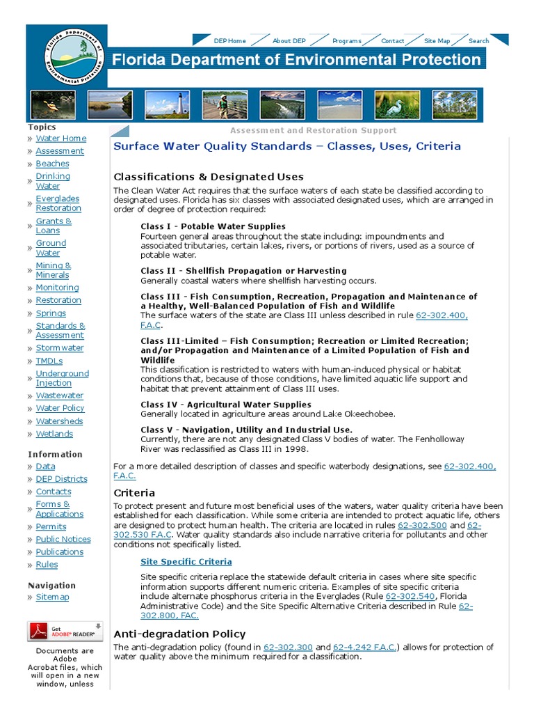 Surface Water Quality Classifications - Assessment and Restoration Support - Florida DEP | PDF ...