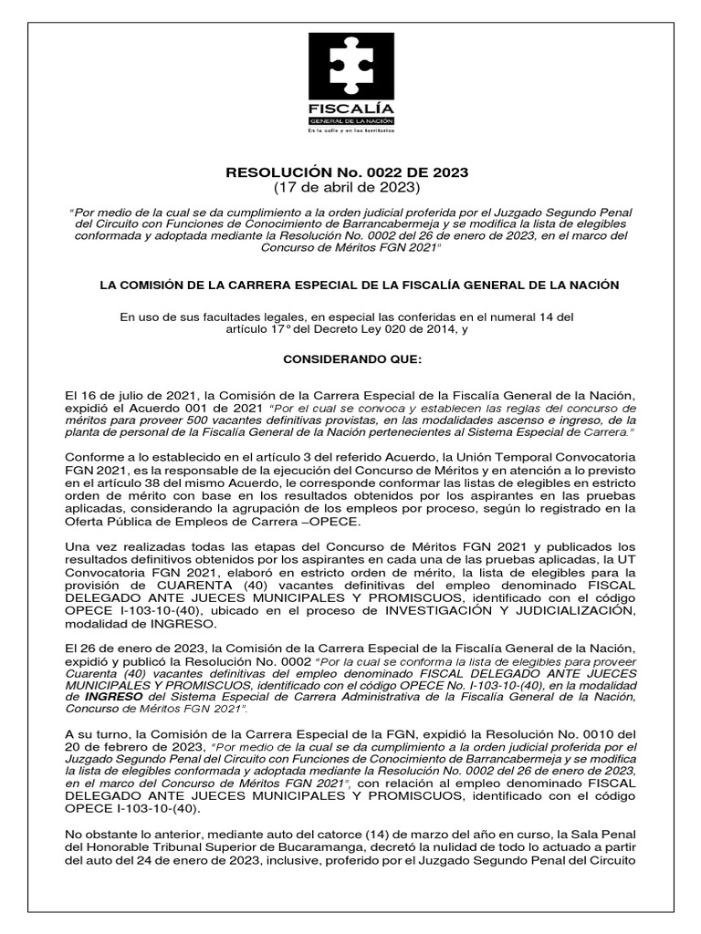 Resolucion 0022 2023 | PDF | Fiscal | Judicaturas
