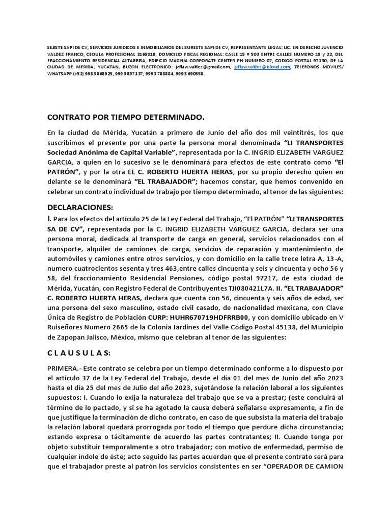 Contrato de Trabajo Por Tiempo Determinado | PDF | México | Salario