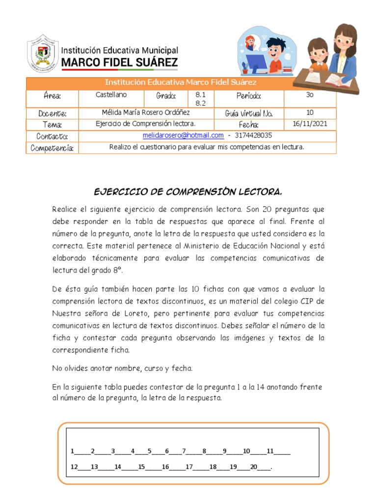 Guia 10 Ejercicio de Comprension Lectora 8° Castellano Melida | PDF ...