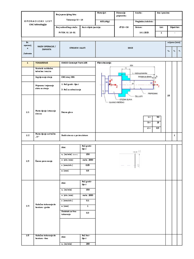 Operacijski List CNC Tehnologije: EMCO Concept Turn 105 Plan Stezanja | PDF