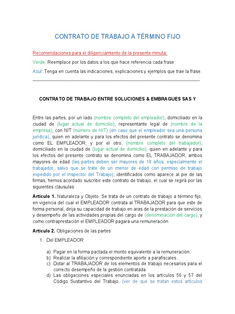 Contrato de Trabajo A Término Fijo - Laboral | PDF | Salario