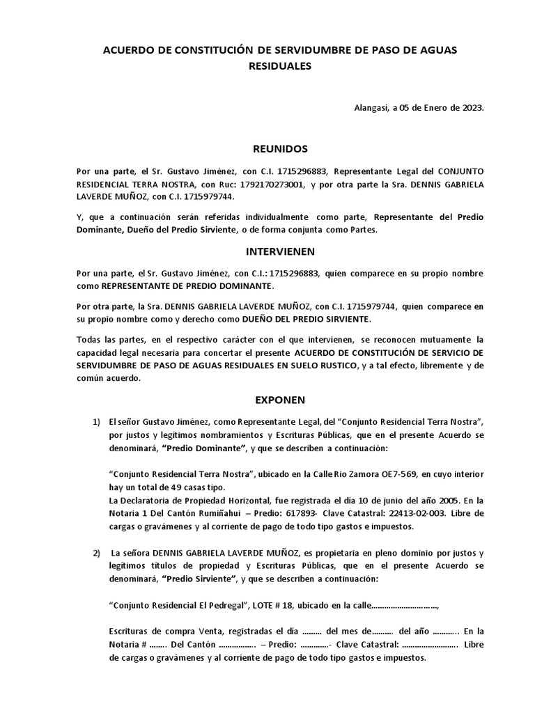 Acuerdo de Constitución de Servidumbre Terra Nostra-Sra. Dennis Laverde 2023 | PDF