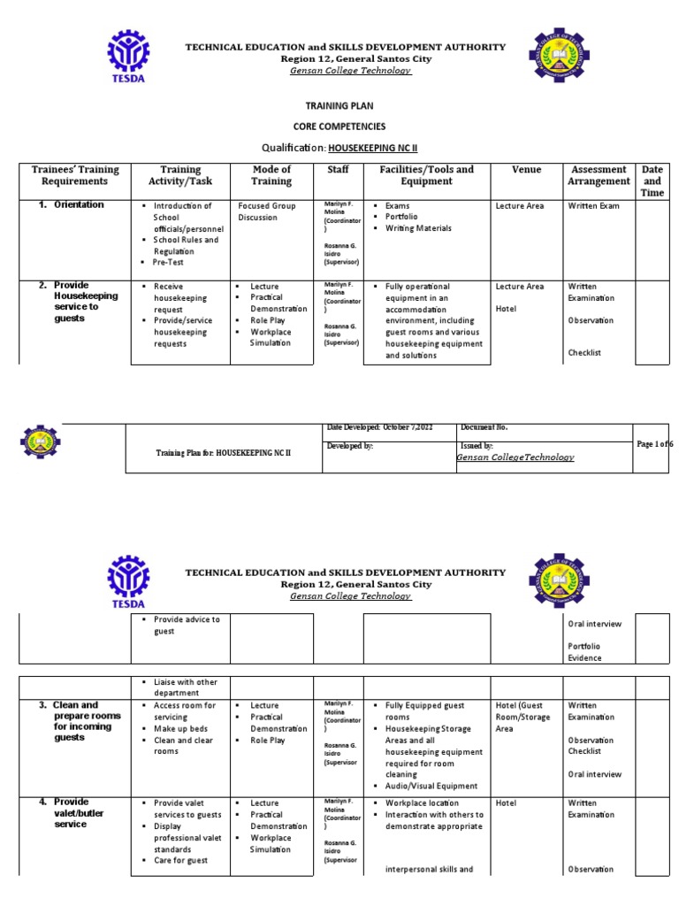 Training-Plan-Housekeeping-Ncii-Gensan Coolege Tech | PDF ... Training-Plan-Housekeeping-Ncii-Gensan Coolege Tech | PDF ...