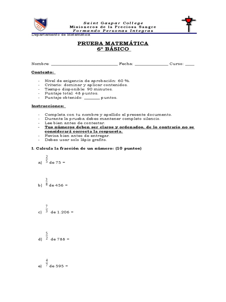 Prueba Fracciones y Decimales 6° | PDF | Matemáticas | División ...