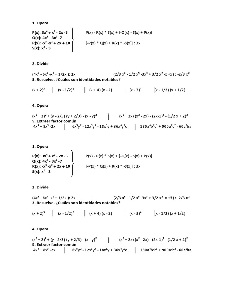 Ejercicios Polinomios. Operaciones, Identidades Notables, Factor Común ...