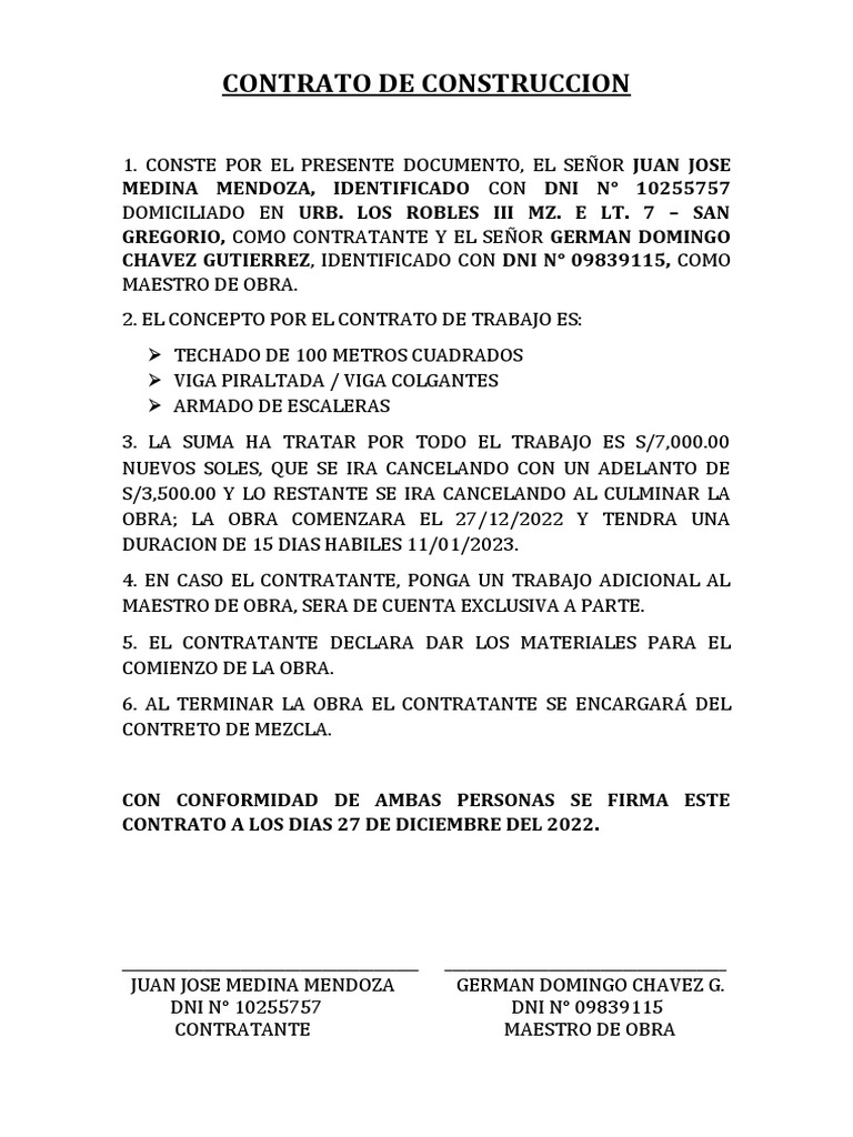 Contrato de Trabajo de Construccion | PDF