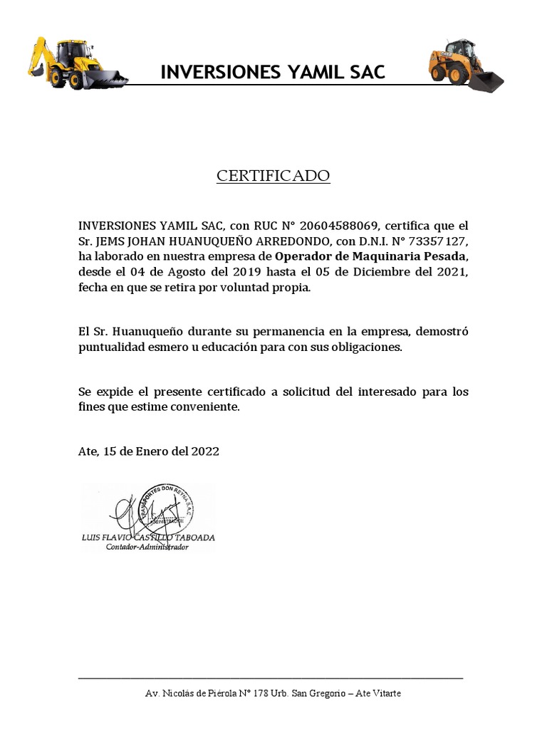 Certificado de Trabajo INVERSIONES YAMIL SAC | PDF