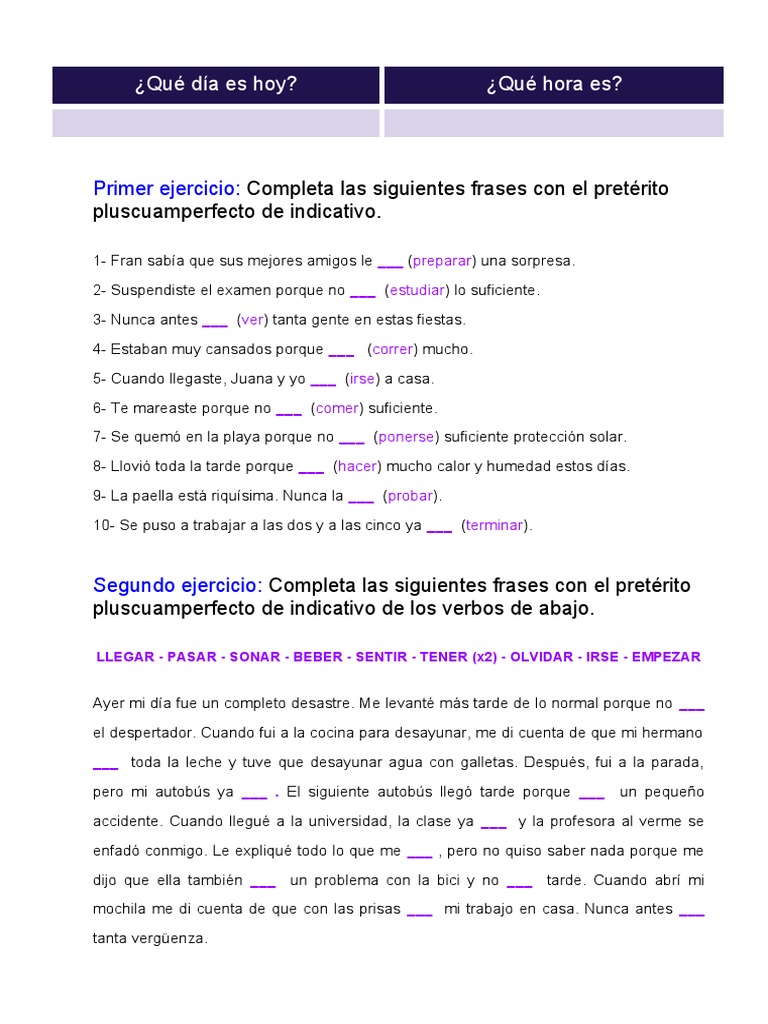 Pretérito Pluscuamperfecto - Ejercicios | PDF | Artes del Lenguaje y ...