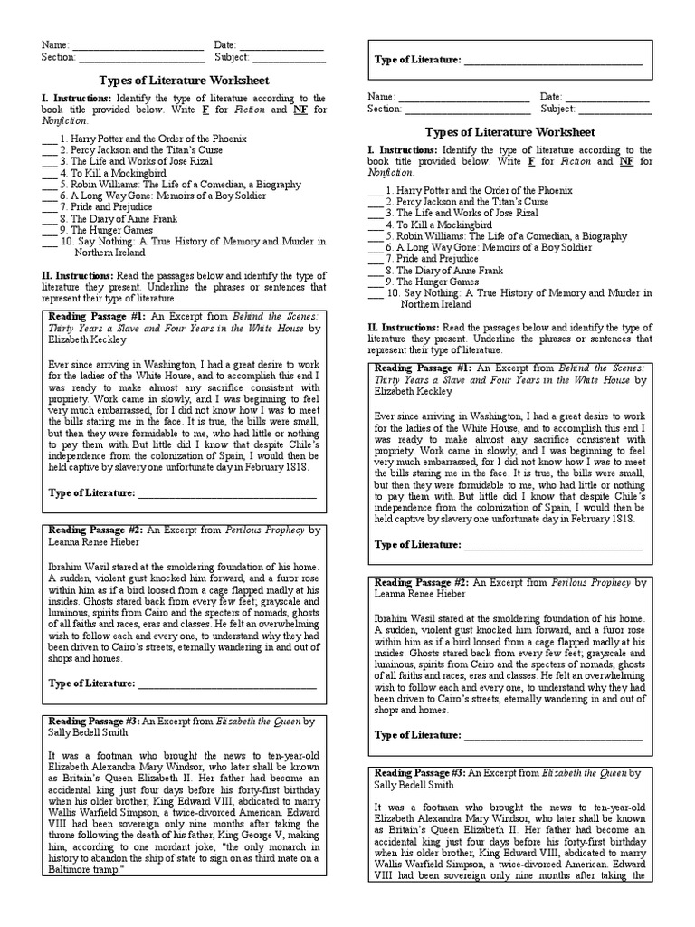4. [Worksheet #1] Types of Literature | PDF