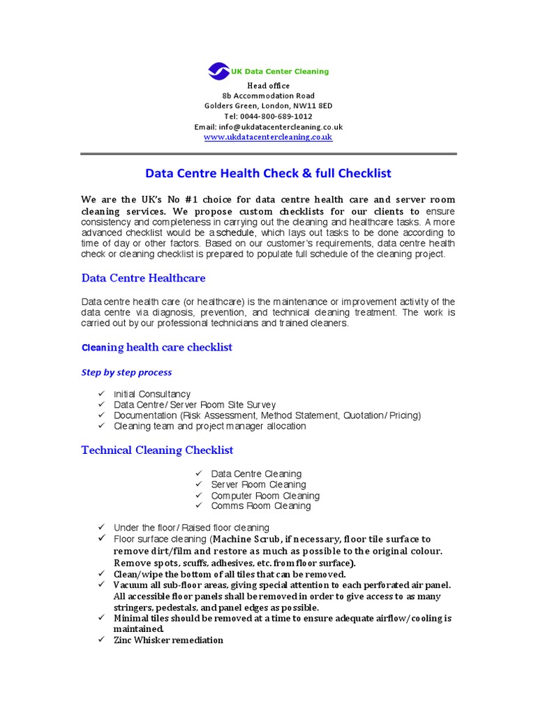 Data Centre Cleaning Checklist | PDF | Data Center | Health Care