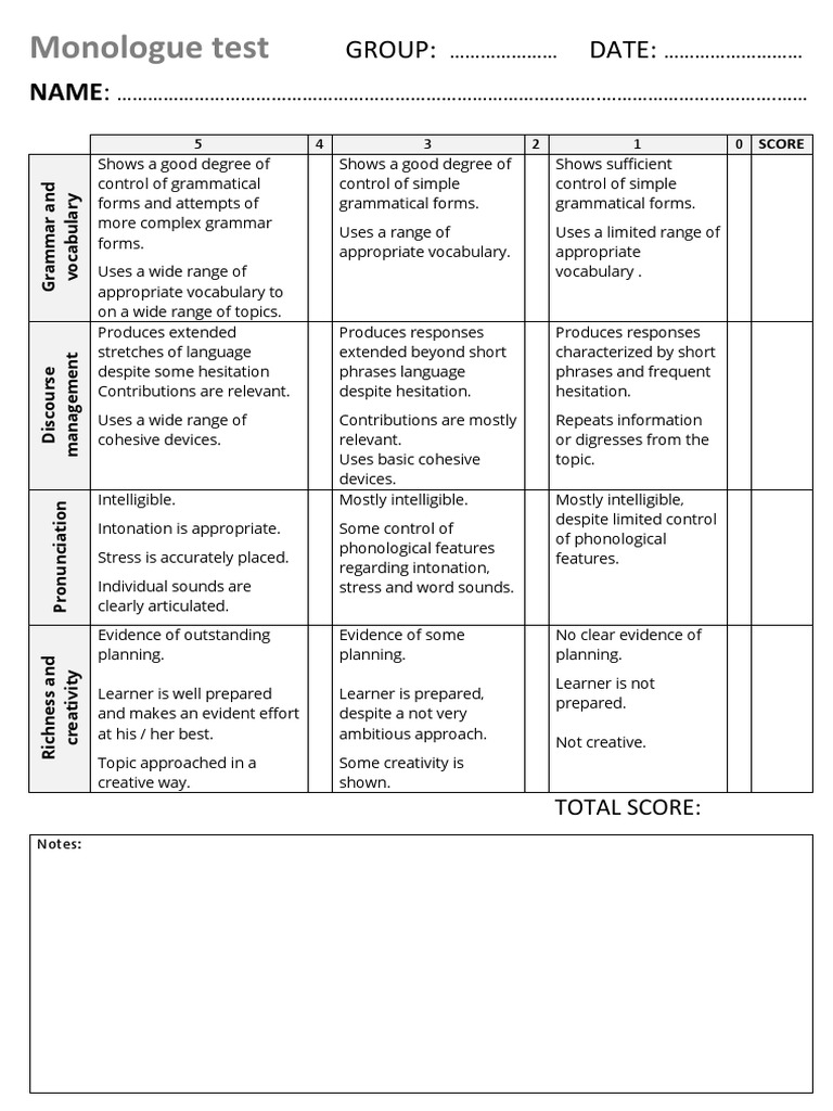 Speaking Test Rubric Monologue | PDF | Vocabulary | Grammar
